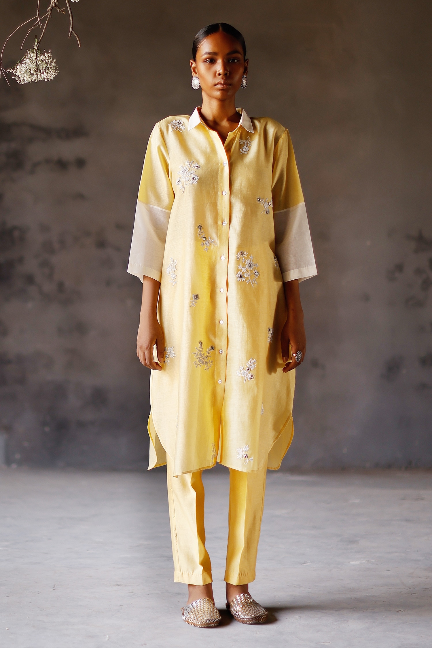 Buy Shikha Mehta Yellow Yami Silk Chanderi Tunic And Pant Set Online ...