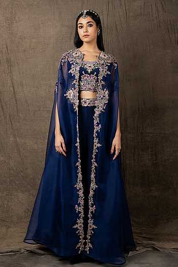 Buy Nupur Kanoi Blue Organza Floral Embroidered Cape Pant Set Online ...