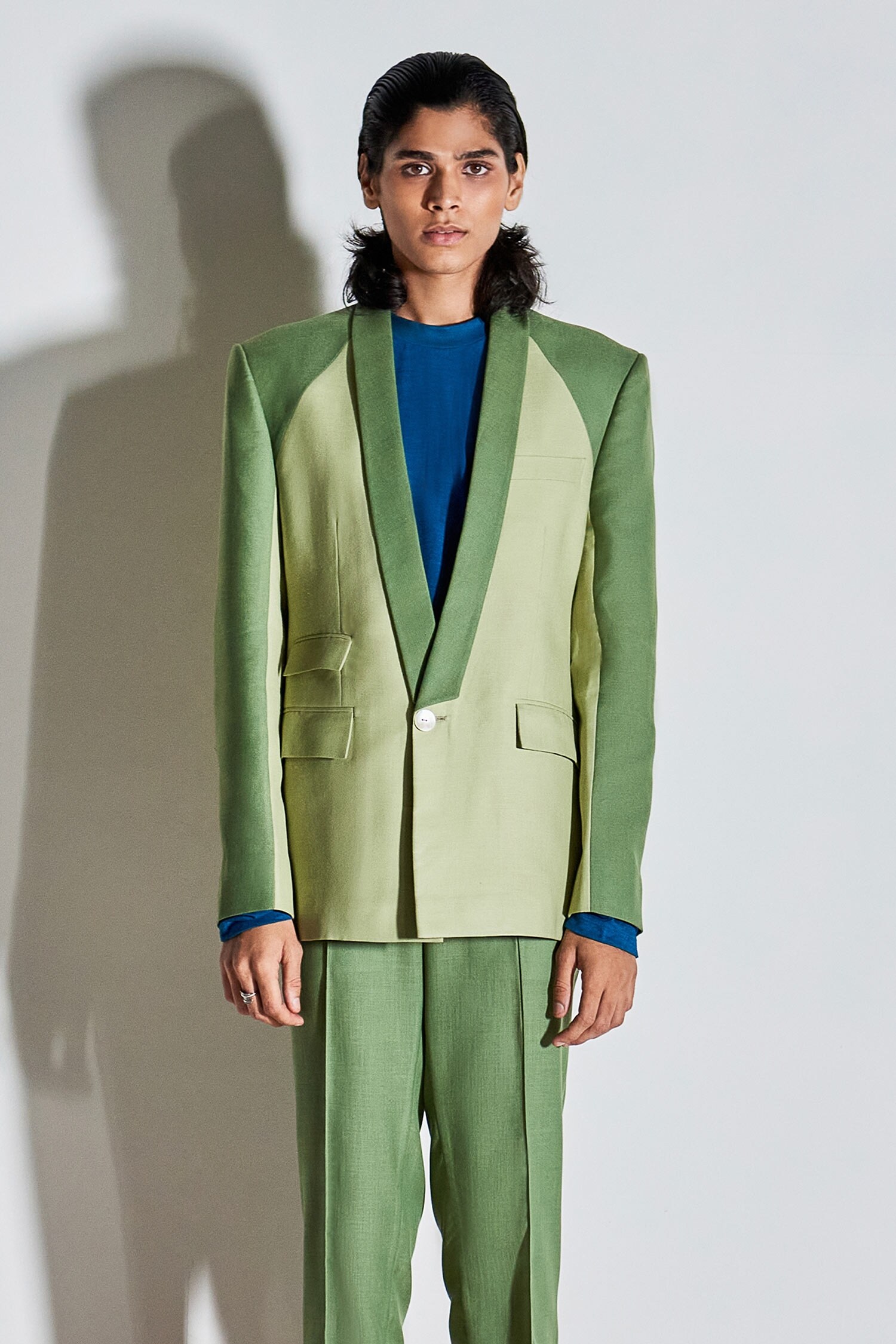 Buy Line out line Green Cotton Poly Blend Color Block Blazer Online ...