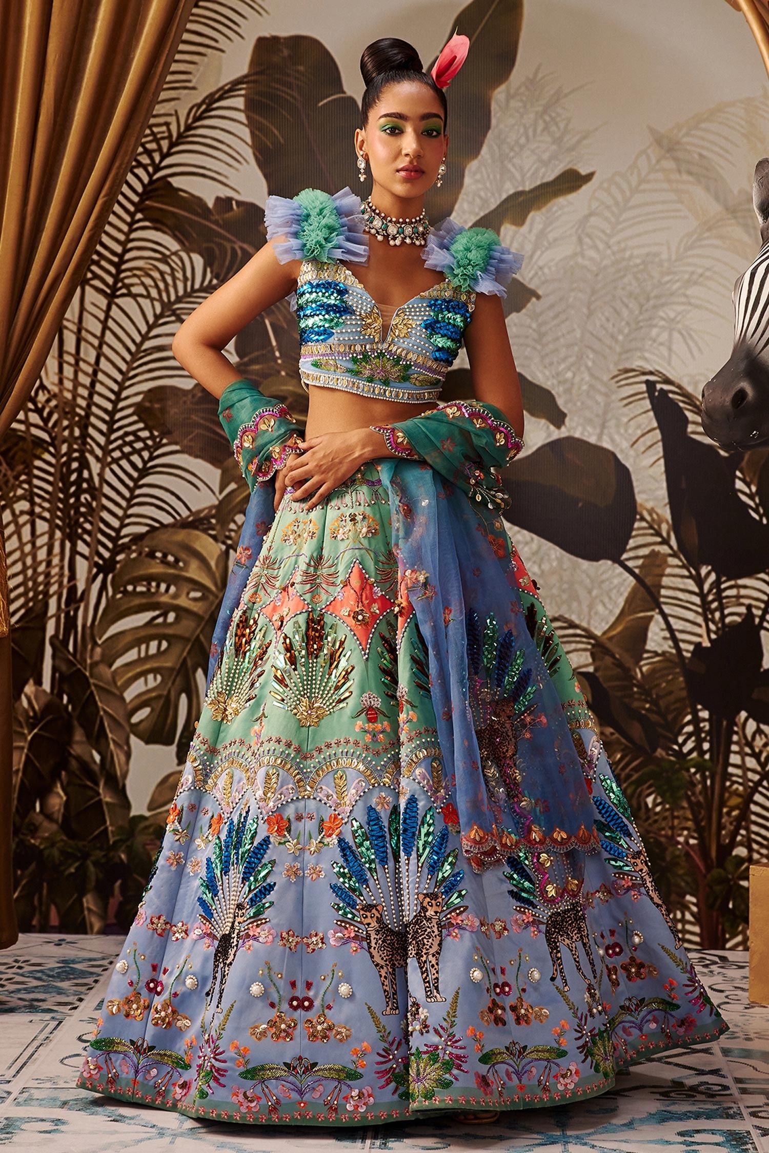 Buy Blue Imported Satin And Organza Print And Embroidery Floral Lehenga