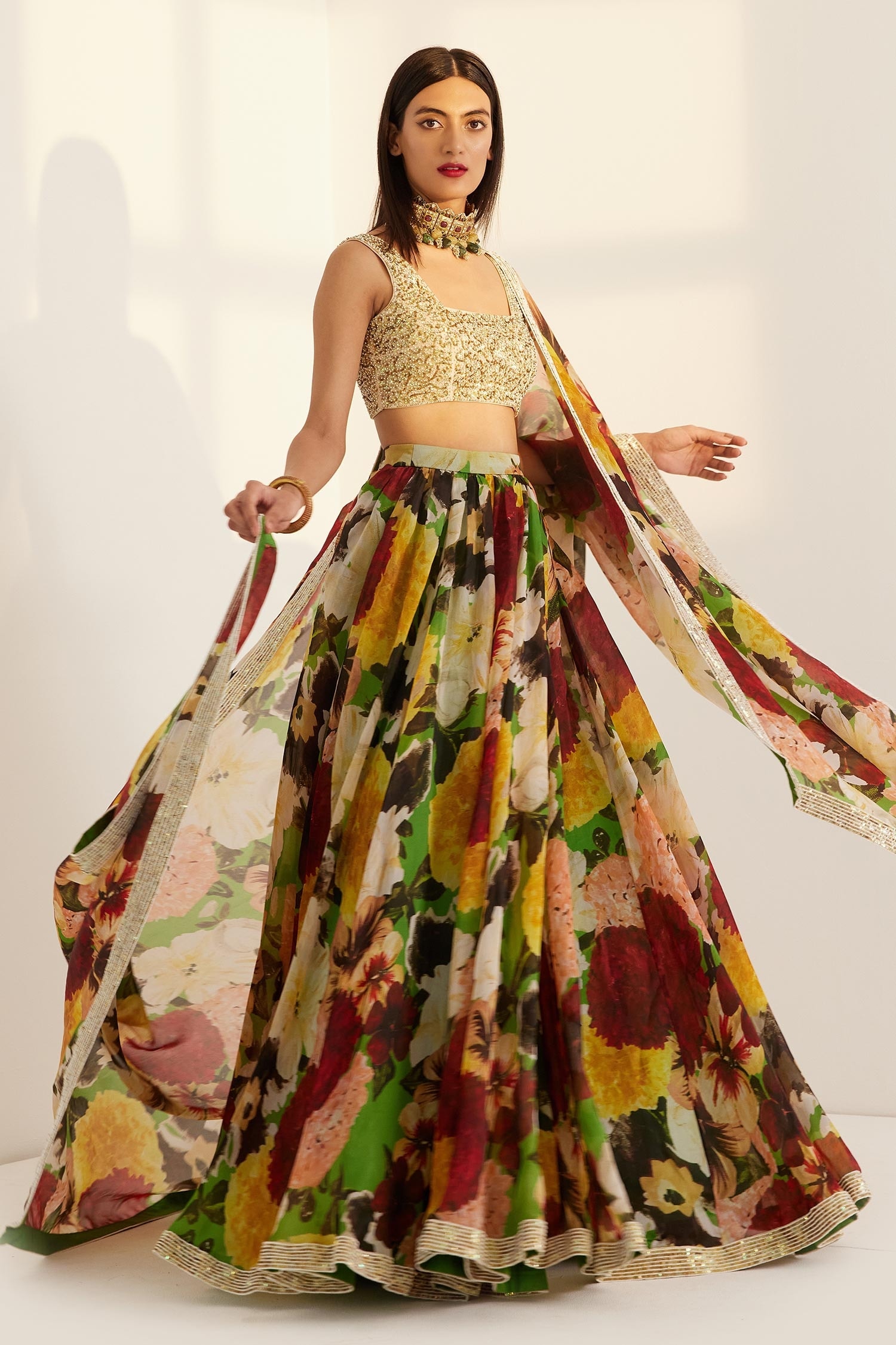 Buy Prints by Radhika Green Shantoon Floral Print Lehenga Set Online ...