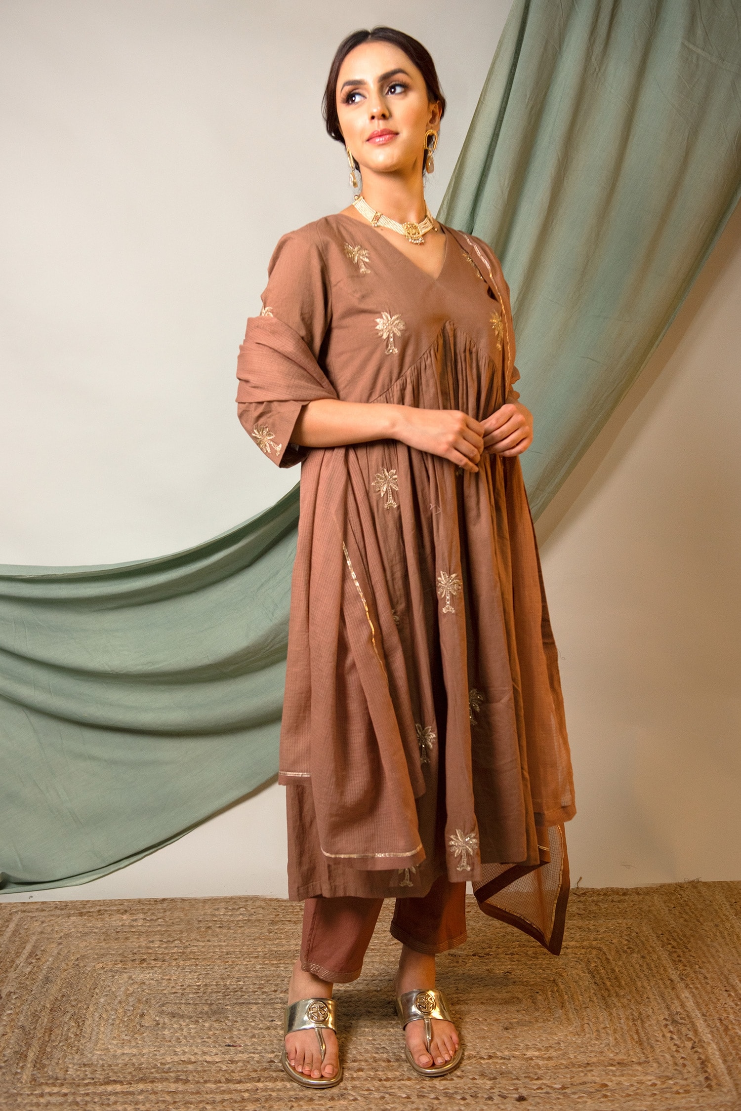 Buy Brown Cambric Cotton Embroidered Thread Work V Neck Tree Anarkali Set For Women by Priya ...