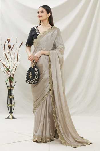 Buy Samyukta Singhania Beige Chinon Scallop Hem Saree With Blouse ...