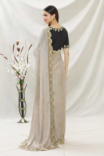 Buy Samyukta Singhania Beige Chinon Scallop Hem Saree With Blouse ...