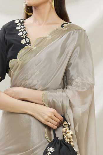 Buy Samyukta Singhania Beige Chinon Scallop Hem Saree With Blouse ...