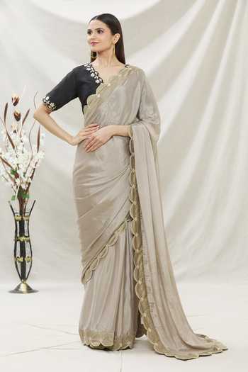 Buy Samyukta Singhania Beige Chinon Scallop Hem Saree Online | Aza Fashions