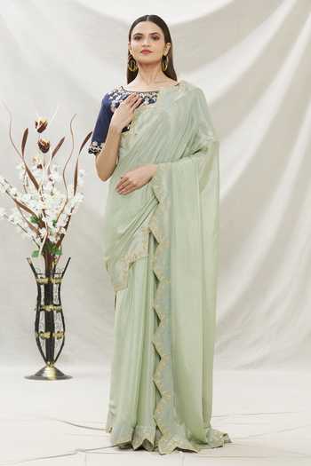 Buy Samyukta Singhania Green Chinon Embroidered Hem Saree Online | Aza ...