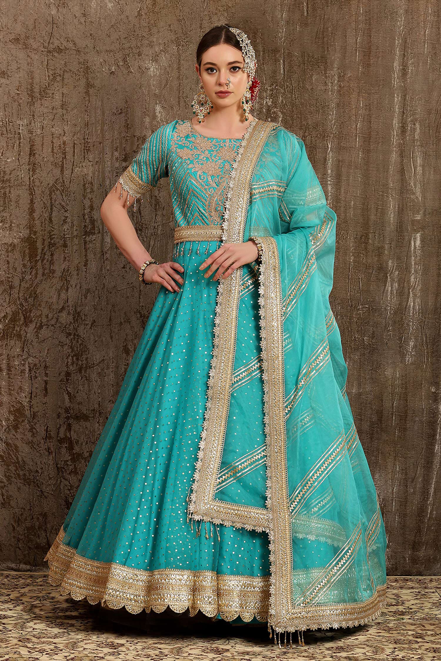 Buy Blue Raw Silk Embroidery Gota Round Anarkali With Dupatta For Women ...