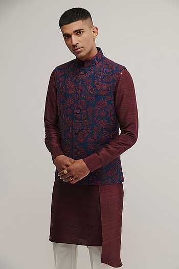 Buy Dhruv Vaish Blue Silk Embroidered Jawahar Jacket Online | Aza Fashions