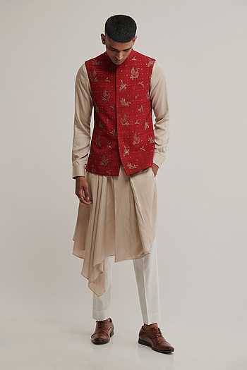 Buy Red Silk Embroidered Floral Jawahar Jacket For Men by Dhruv Vaish ...