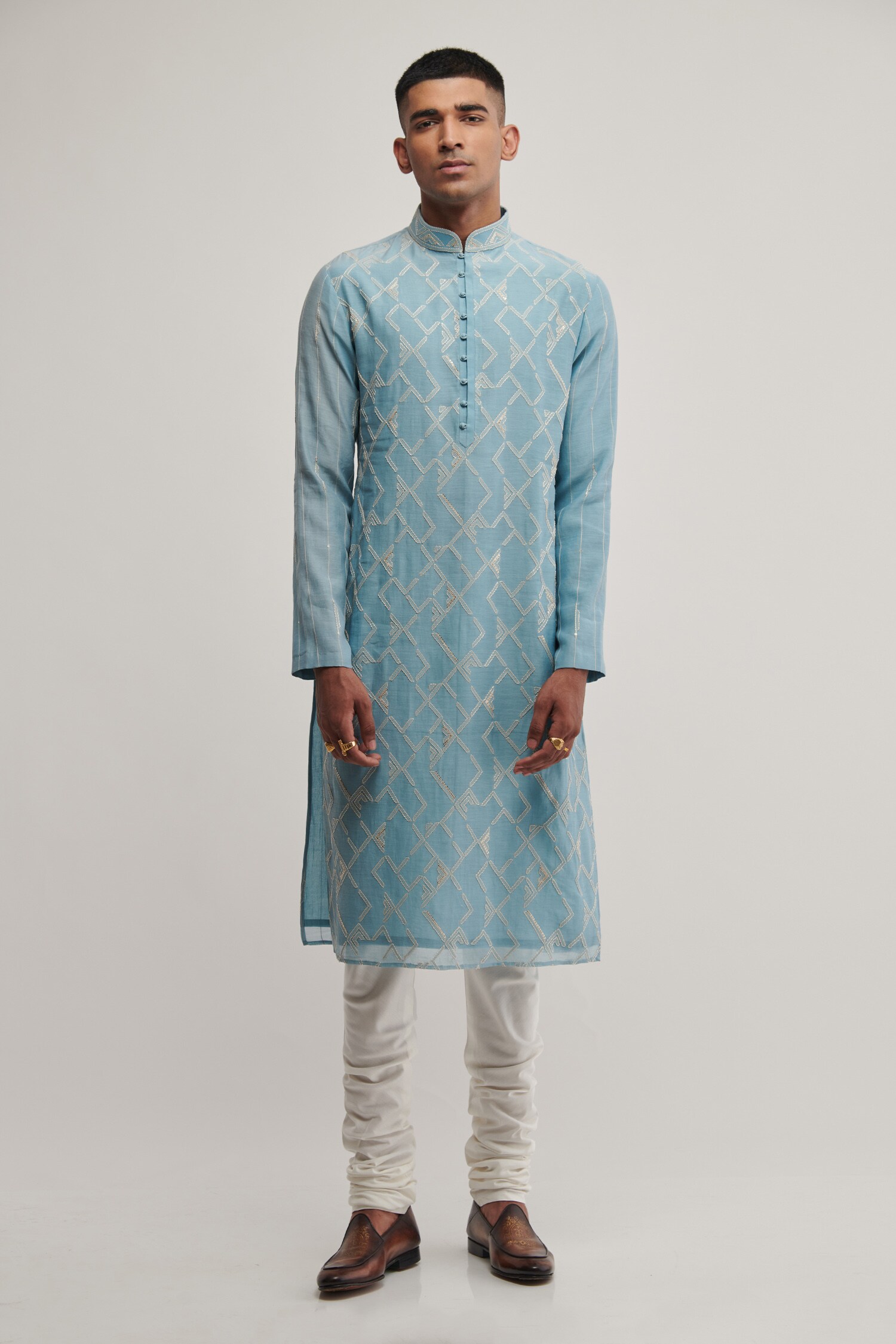 Buy Dhruv Vaish Blue Cotton Silk Chanderi Kurta Set Online | Aza Fashions
