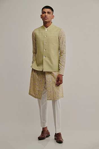 Buy Dhruv Vaish Green Cotton Silk Zig Zag Jawahar Jacket Online | Aza ...