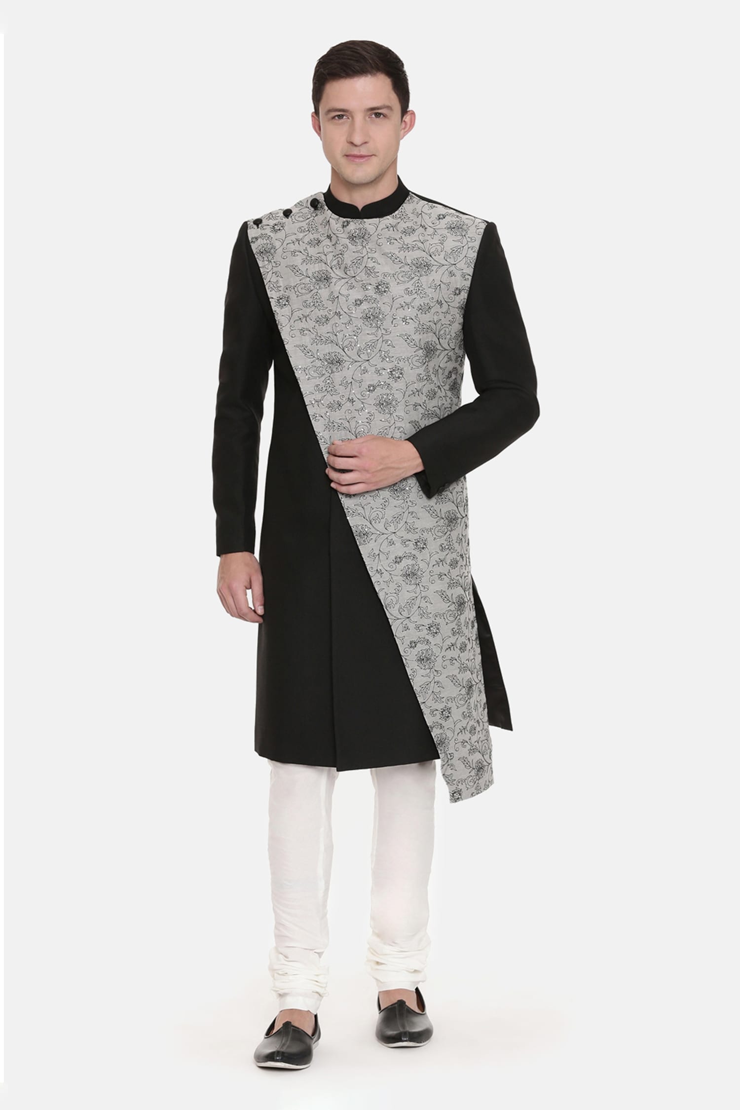 Buy Black Cotton Silk Chanderi Embroidered Floral Sherwani Set For Men ...