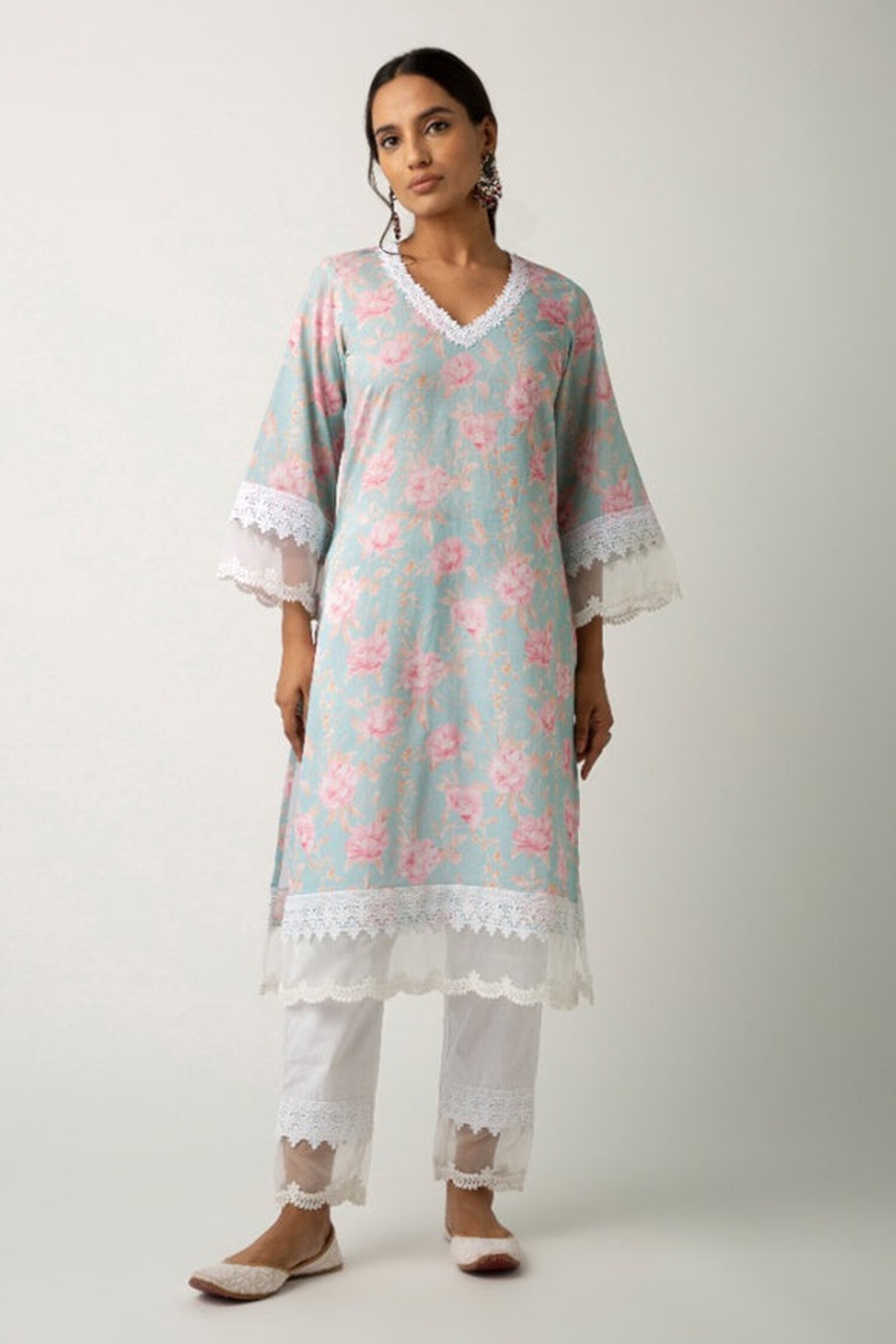 Buy Blue Cotton Printed Floral V Neck Keya Kurta For Women by Roze ...