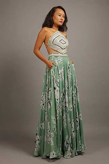Buy Sailex Green Flat Chiffon Embroidered Halter Neck Choli And Lehenga ...