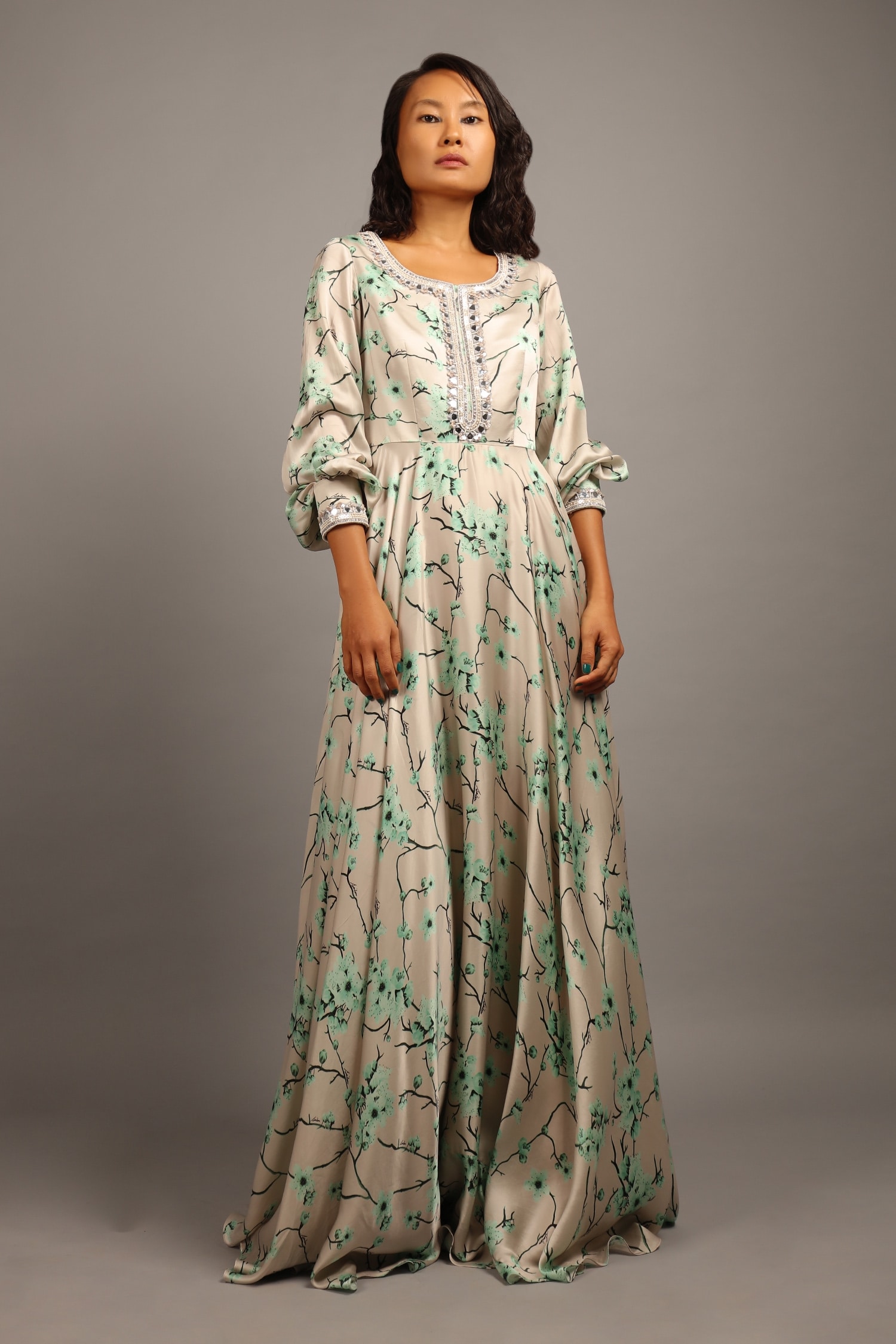 Buy Sailex Grey Bamberg Satin Floral Print Anarkali Online | Aza Fashions Buy Sailex Grey Bamberg Satin Floral Print Anarkali Online | Aza Fashions