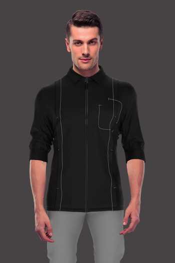 Buy Black 100% Cotton Embroidered Striped Zipperhead Shirt For Men by ...