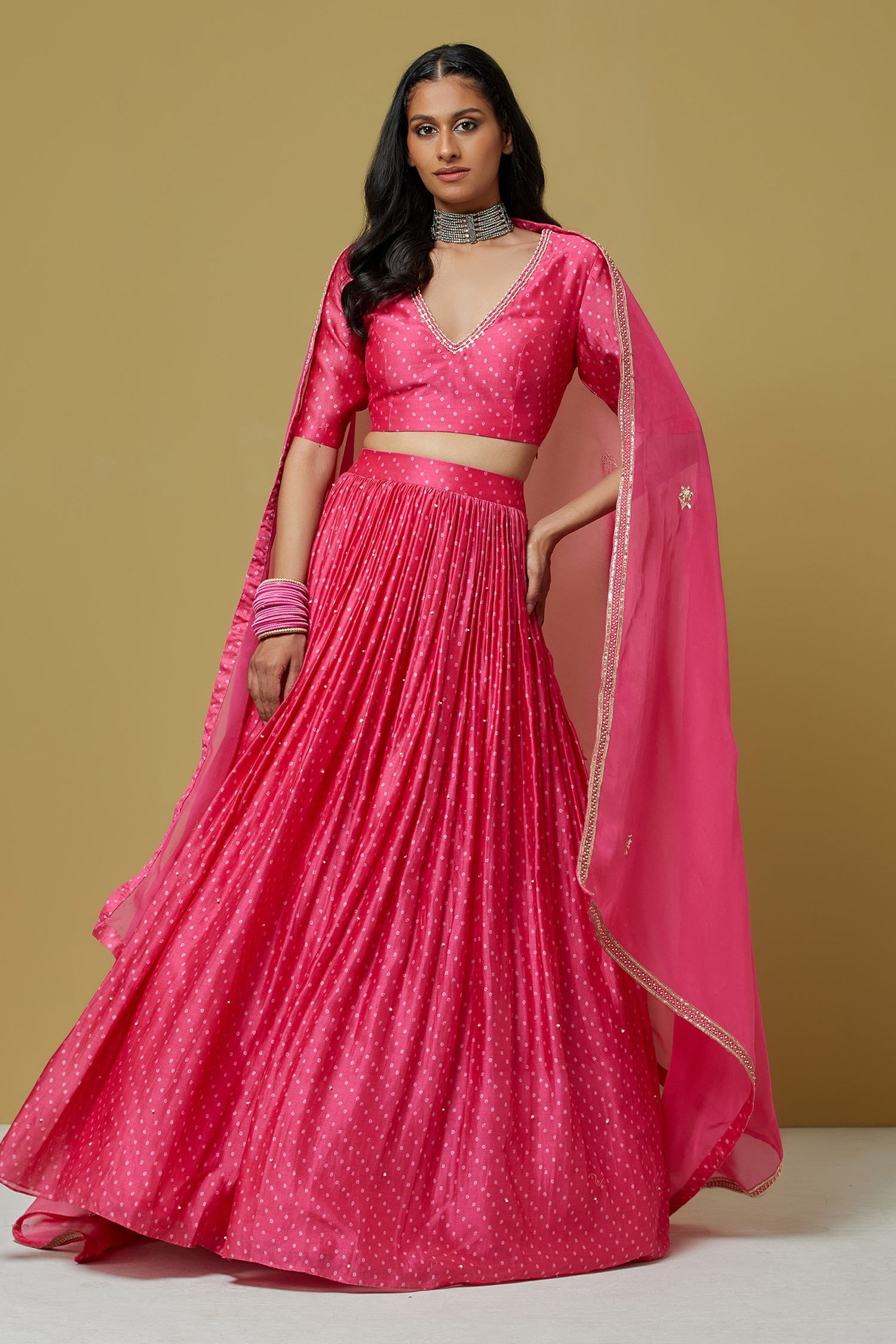 Buy Pink Chanderi Printed Bandhani V Neck Lehenga Set For Women by ...
