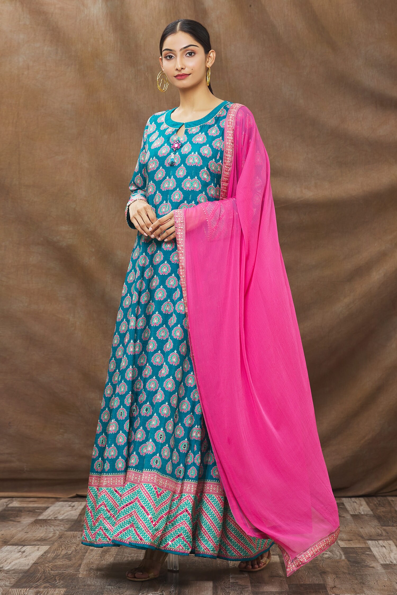 Buy Samyukta Singhania Blue Silk Floral Print Anarkali Set Online | Aza ...