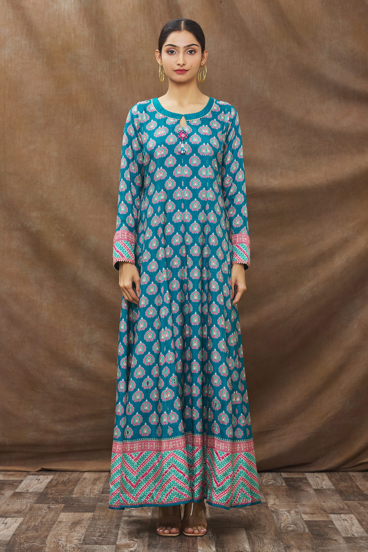 Buy Samyukta Singhania Blue Silk Floral Print Anarkali Set Online | Aza ...