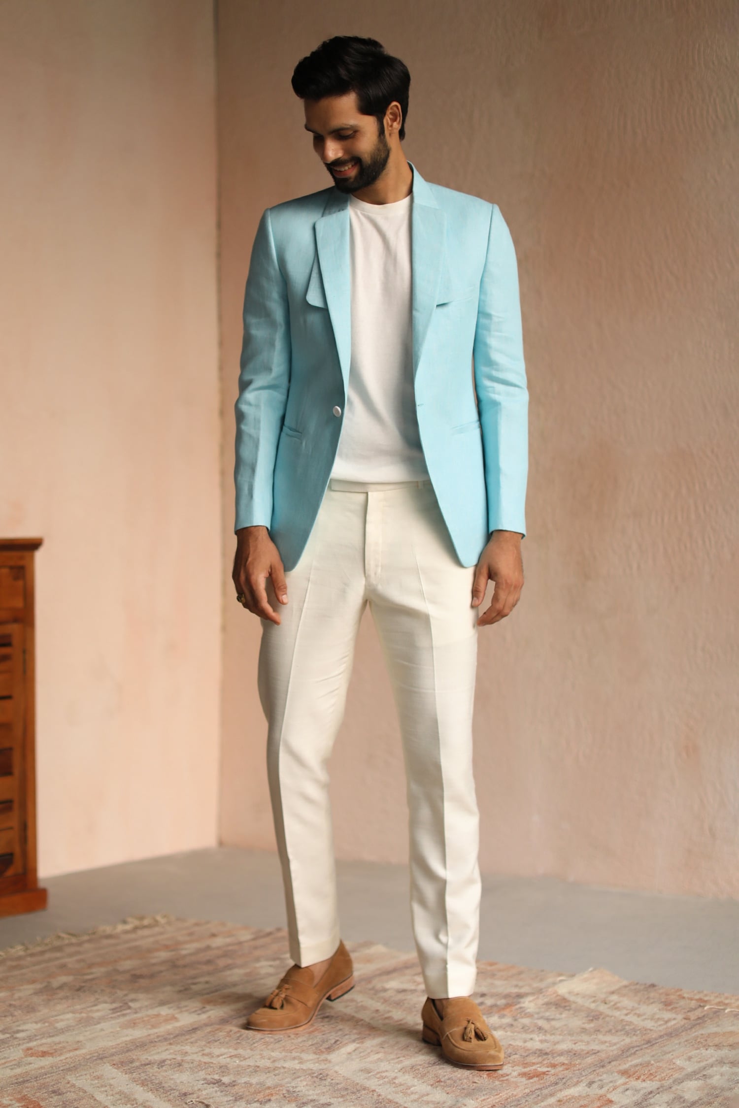Buy Blue 100% Linen Mallorca Blazer For Men by Philocaly Online at Aza Fashions.