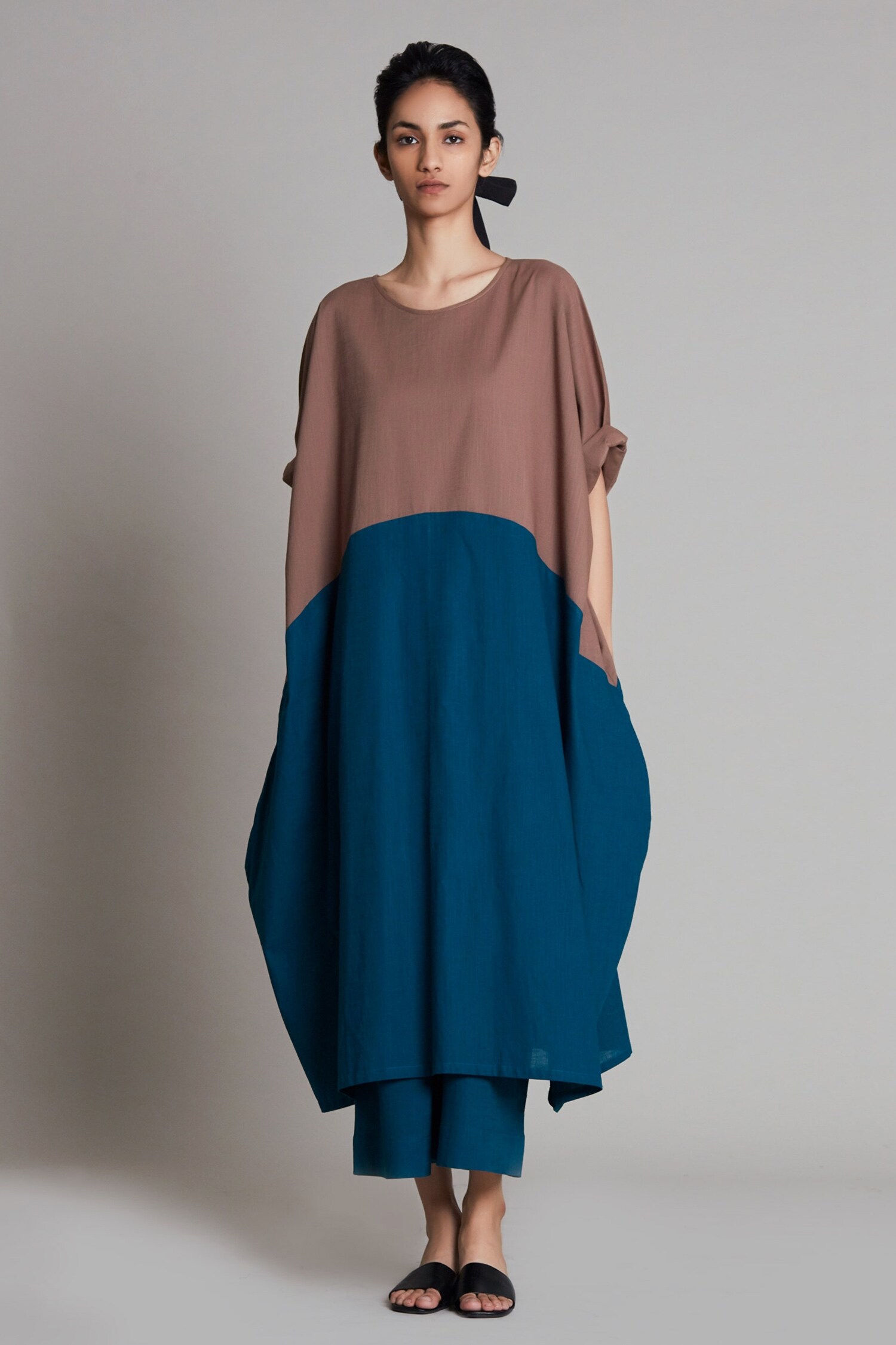 Buy Beige Cotton Handwoven Round Colorblock Tunic And Pant Set For ...