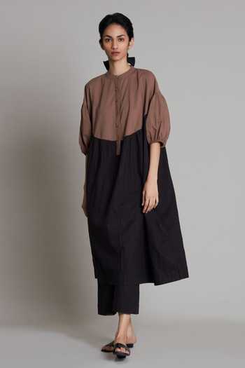 Buy Beige Cotton Handwoven Mandarin Acra Colorblock Tunic And Pant Set ...