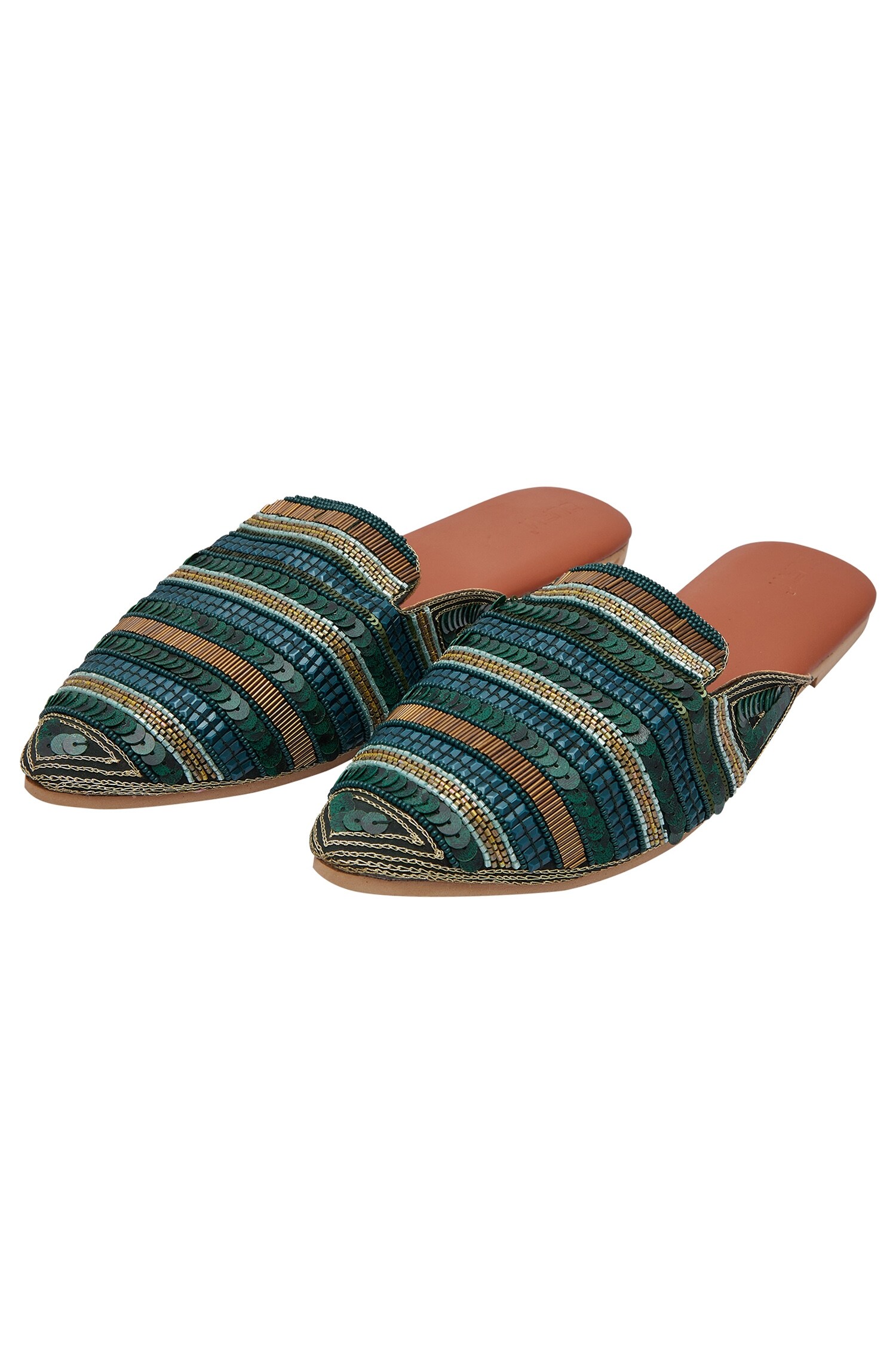 Buy Green Embellished Tapestry Mules by Durvi Online at Aza Fashions.