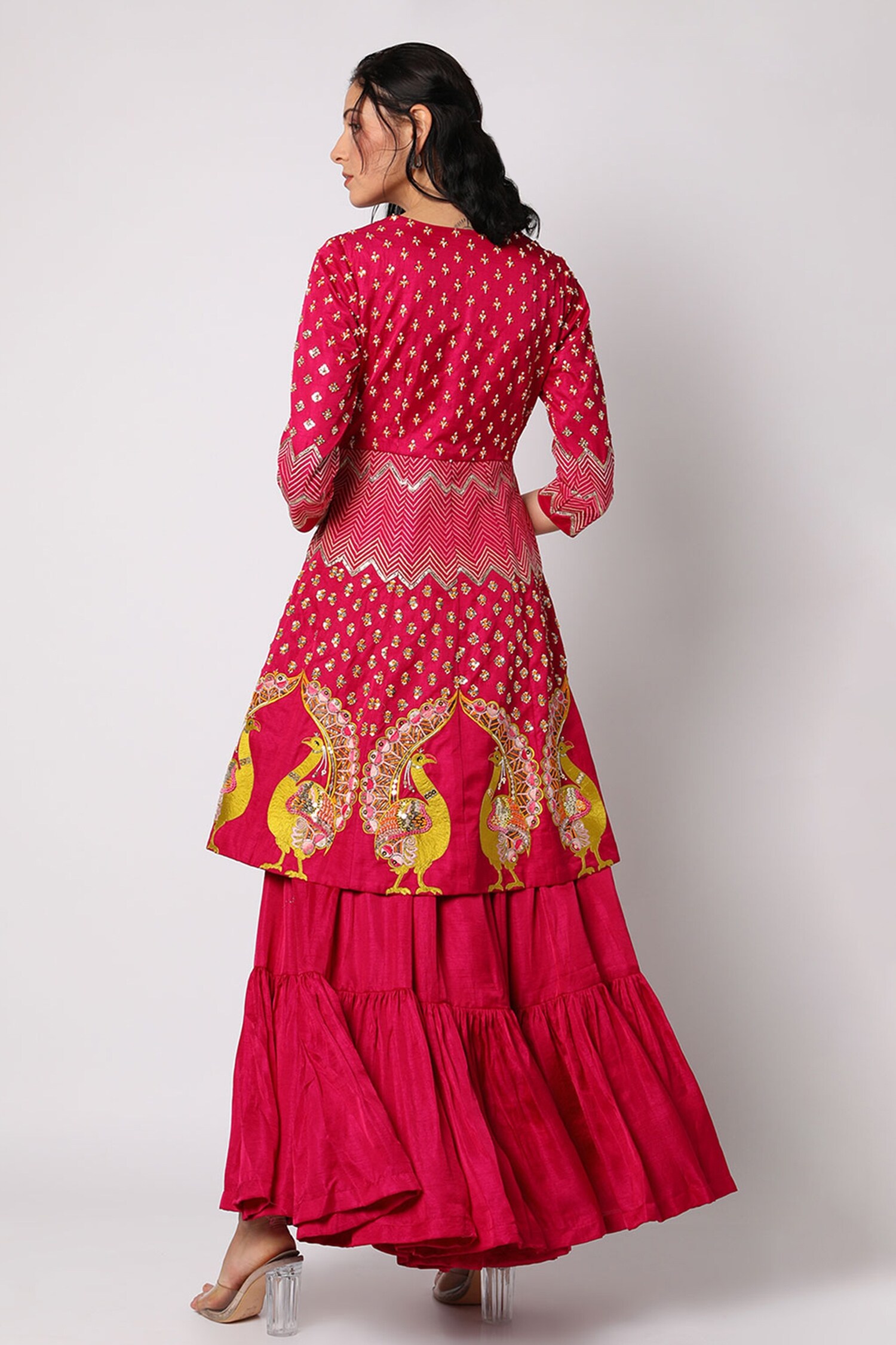 Buy Leela by A Pink Silk Peacock Embroidered Angarkha Set Online | Aza ...