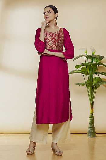 Buy Naintara Bajaj Maroon Polyester Woven Bodice Kurta Online | Aza ...