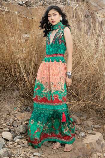 Buy Bhanuni By Jyoti Green Viscose Galleria Floral Print Maxi Dress ...