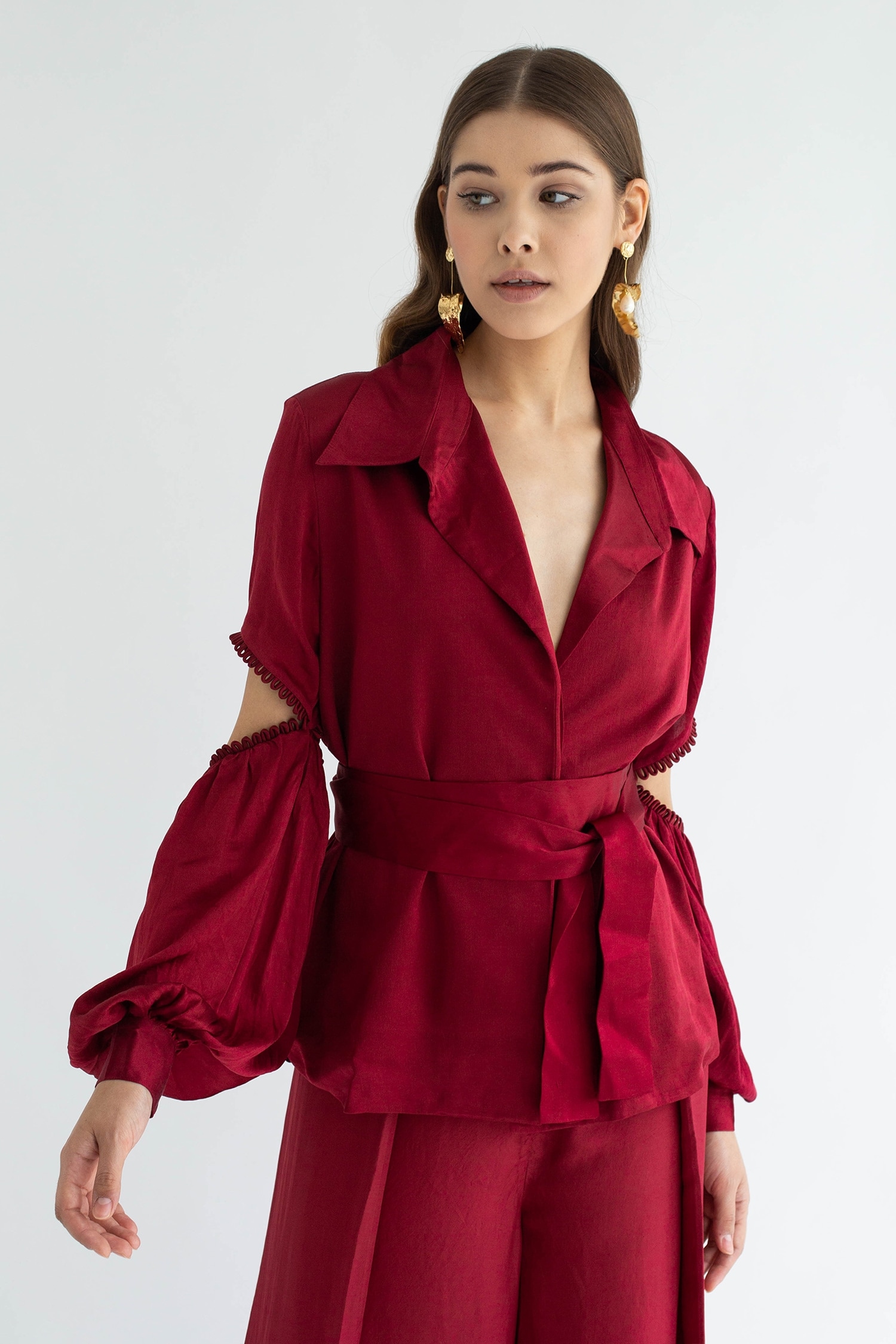 Buy Red Silk Plain Straight Collar Cutout Sleeve Shirt For Women by APZ ...