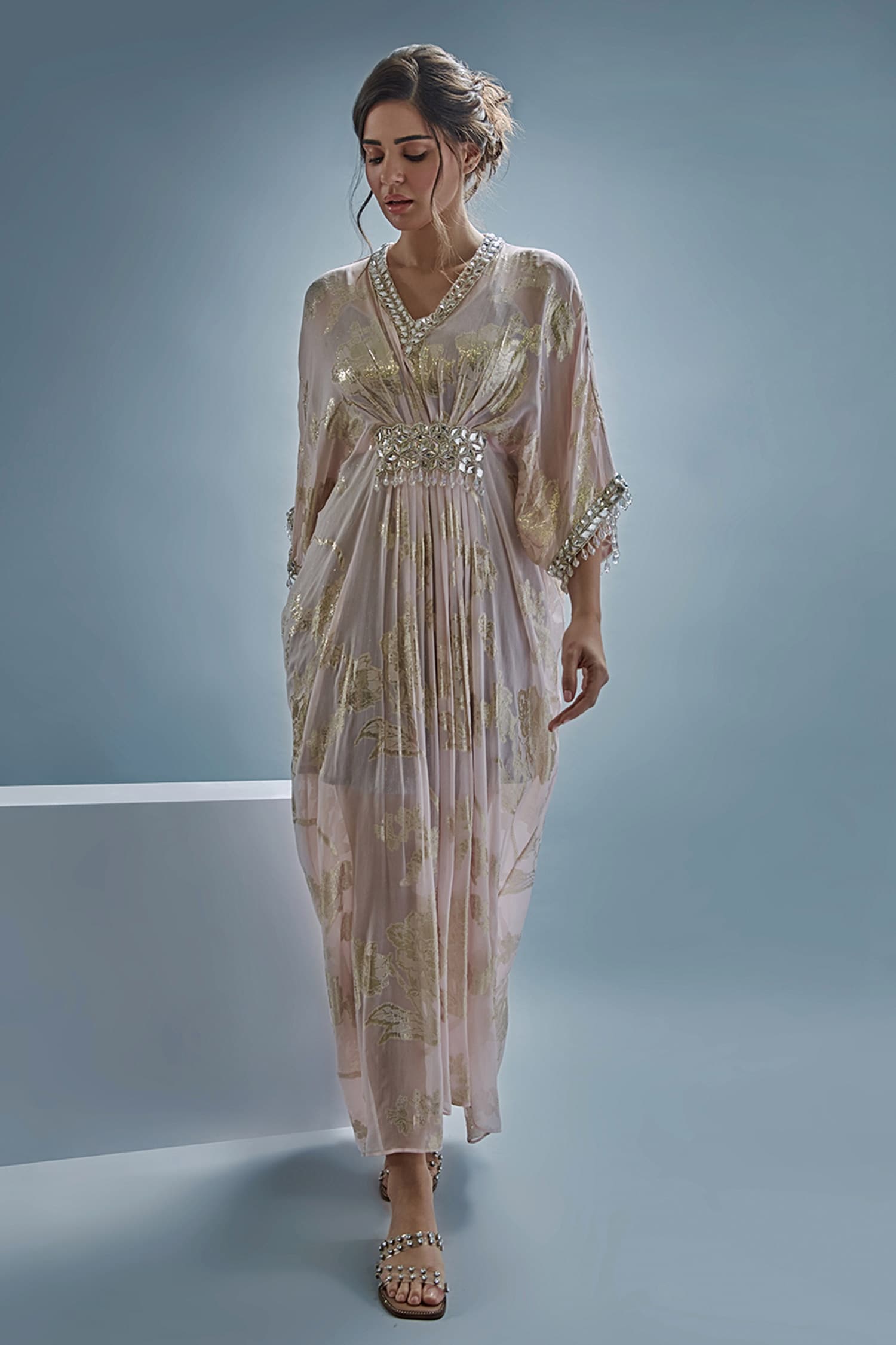 Buy Pink Lamhe Embroidery Bead V Neck Bella Floral Kaftan For Women by Cherie D Online at Aza ...