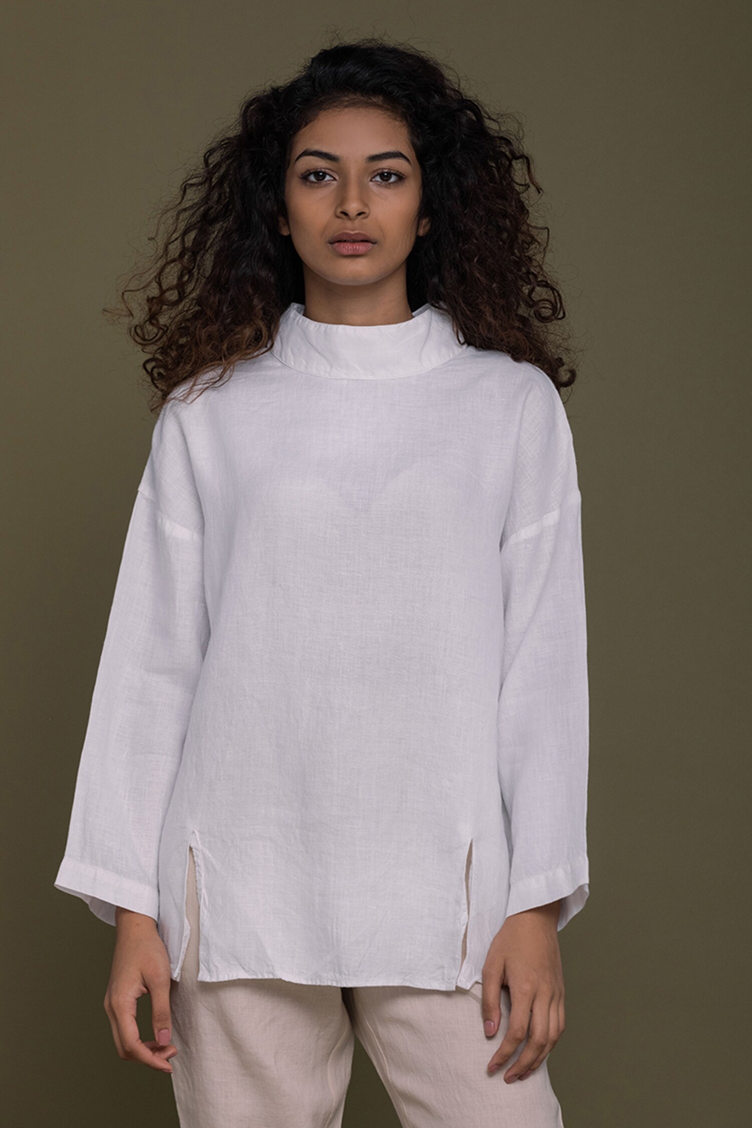 Buy White Hemp Solid High Cuff Neck Top For Women by Reistor Online at ...