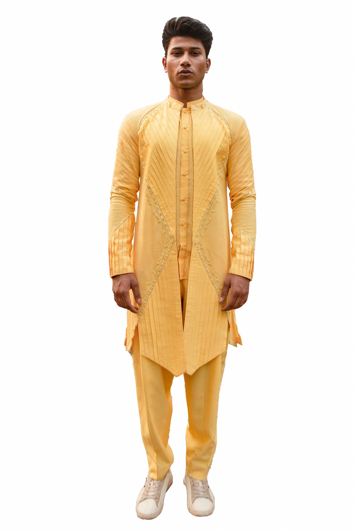 Buy Ankur J Yellow Gunjan Net Reflex Jaune Embroidered Jacket Pant Set ...