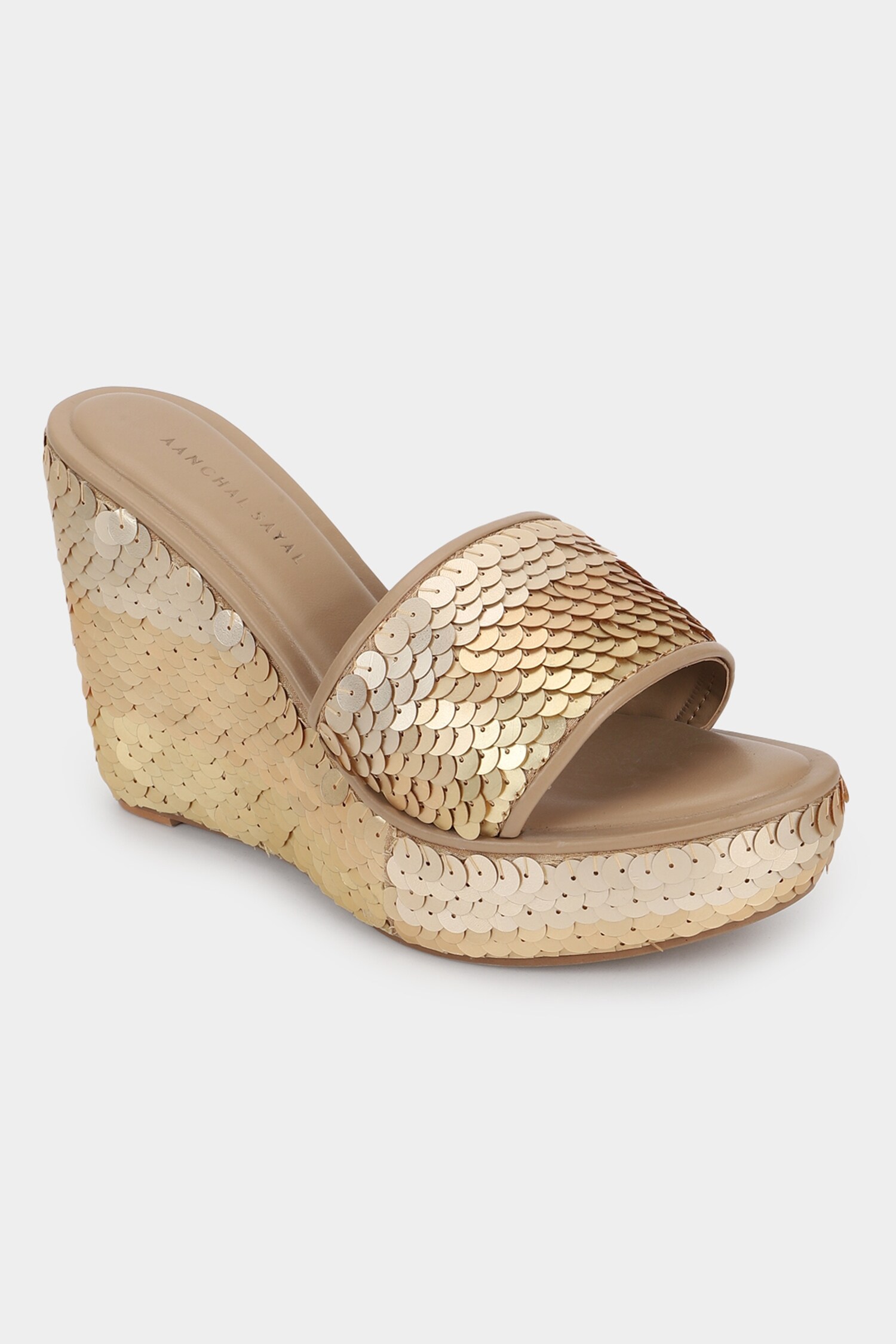 Buy Gold Embroidered Sequin Wedges by Aanchal Sayal Online at Aza Fashions.