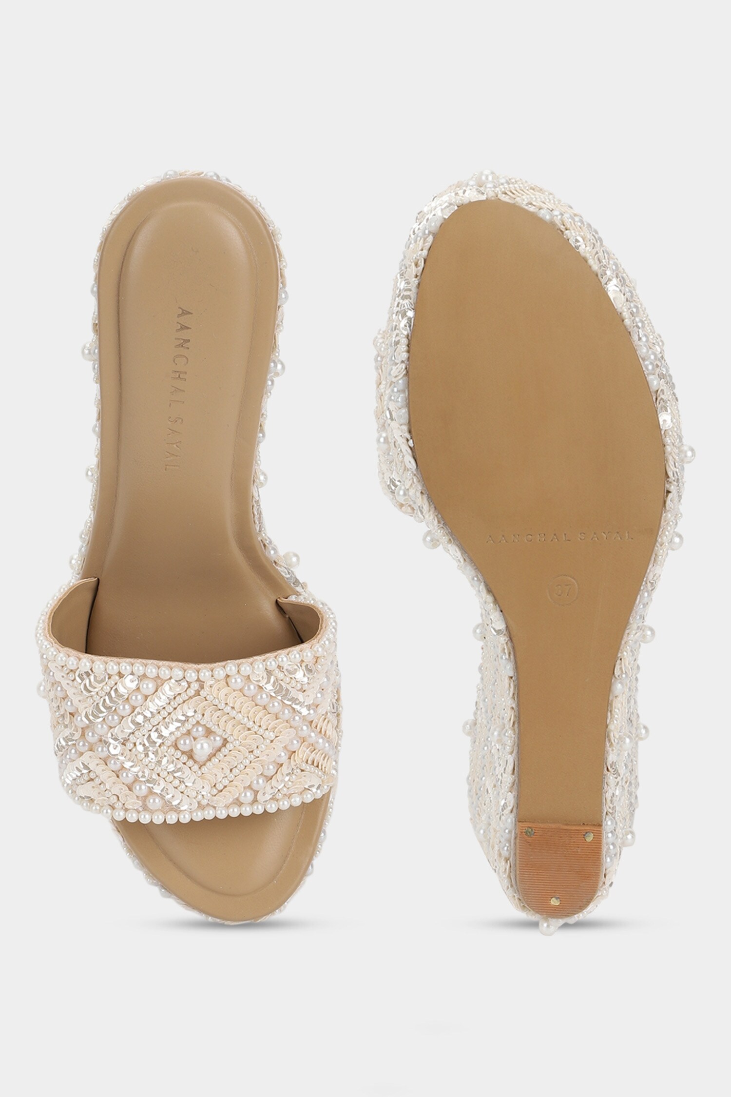 Buy Aanchal Sayal White Faux Leather Maisy Embroidered Wedges Online ...