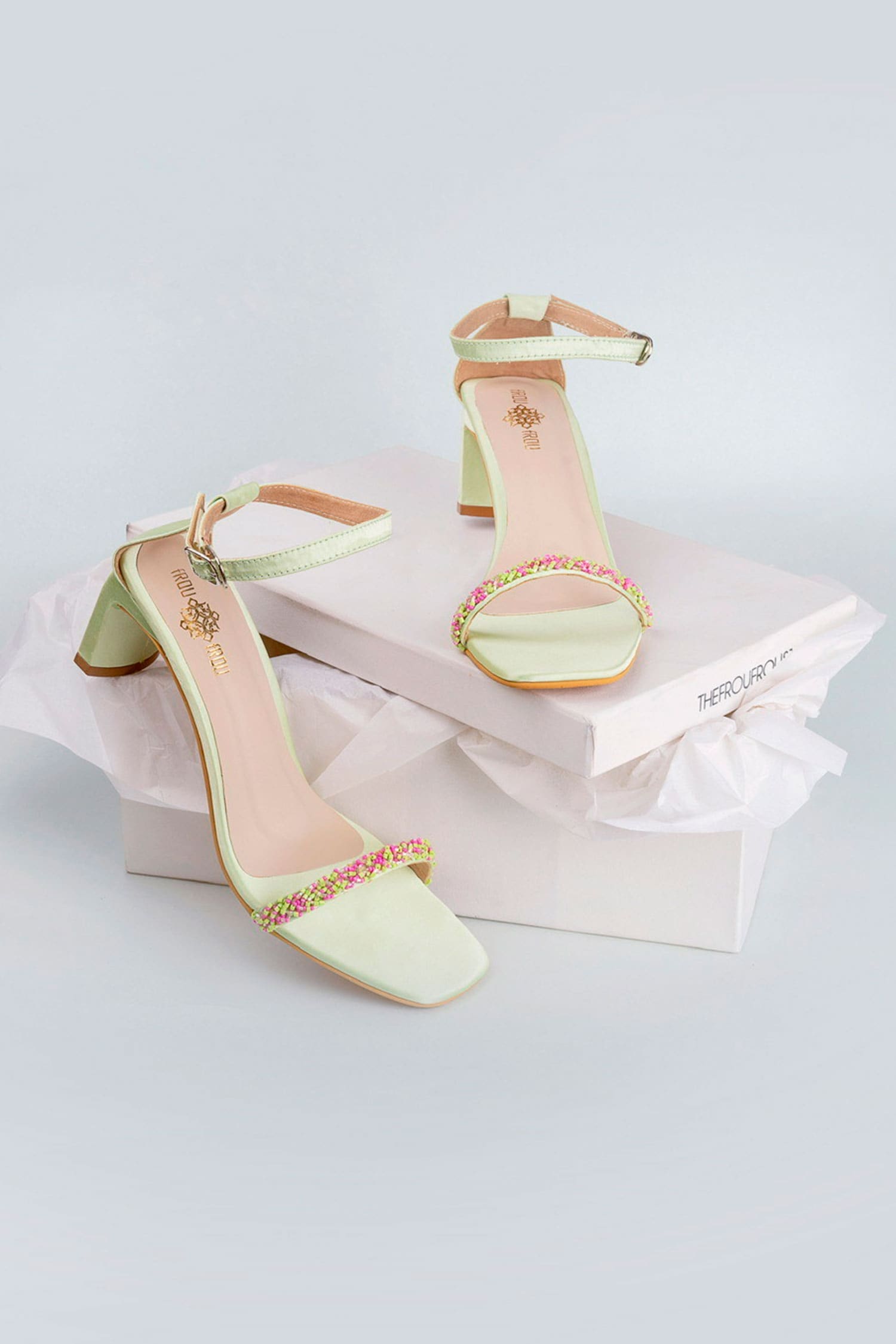 Buy The Frou Frou Studio Green Satin Embellished Strap Block Heels ...
