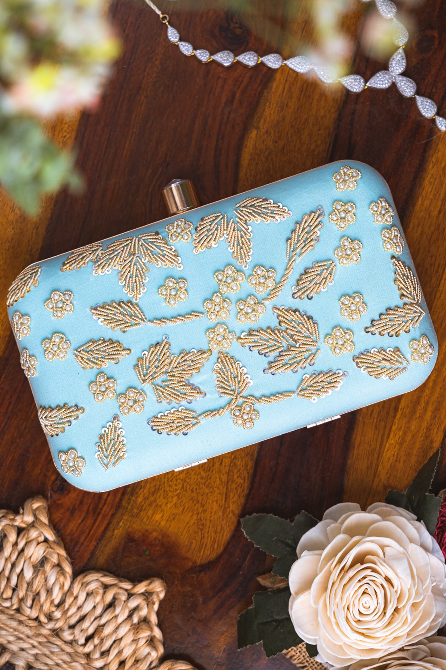 Buy Blue Embroidered Blossom Clutch by NR BY NIDHI RATHI Online at Aza ...