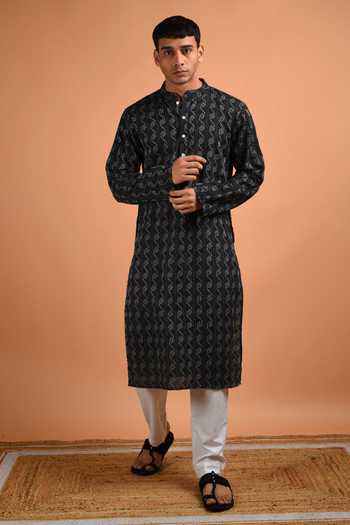 Buy Black Cotton Woven Kantha Arsh Kurta For Men by Kalp Online at Aza ...