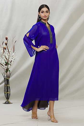 Buy Blue Georgette Embellished Stone Band Asymmetric Tunic For Women by ...
