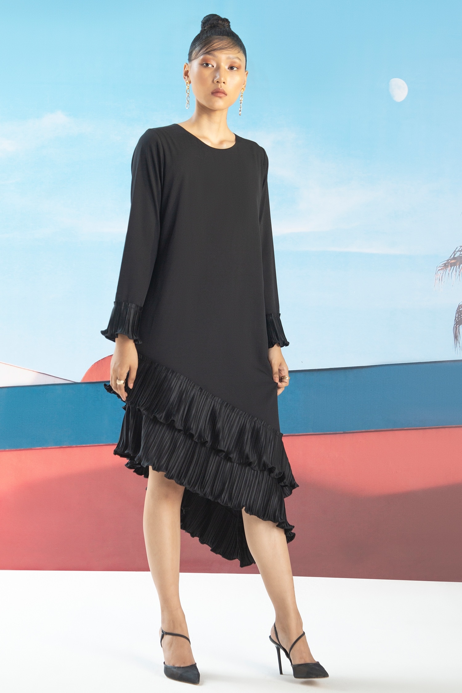 Buy Pleats By Aruni Black Crepe Asymmetric Ruffle Hem Dress Online ...