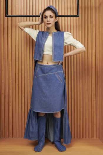 Buy Blue Denim And Asymmetric Jacket & Skirt Set For Women by Amita ...