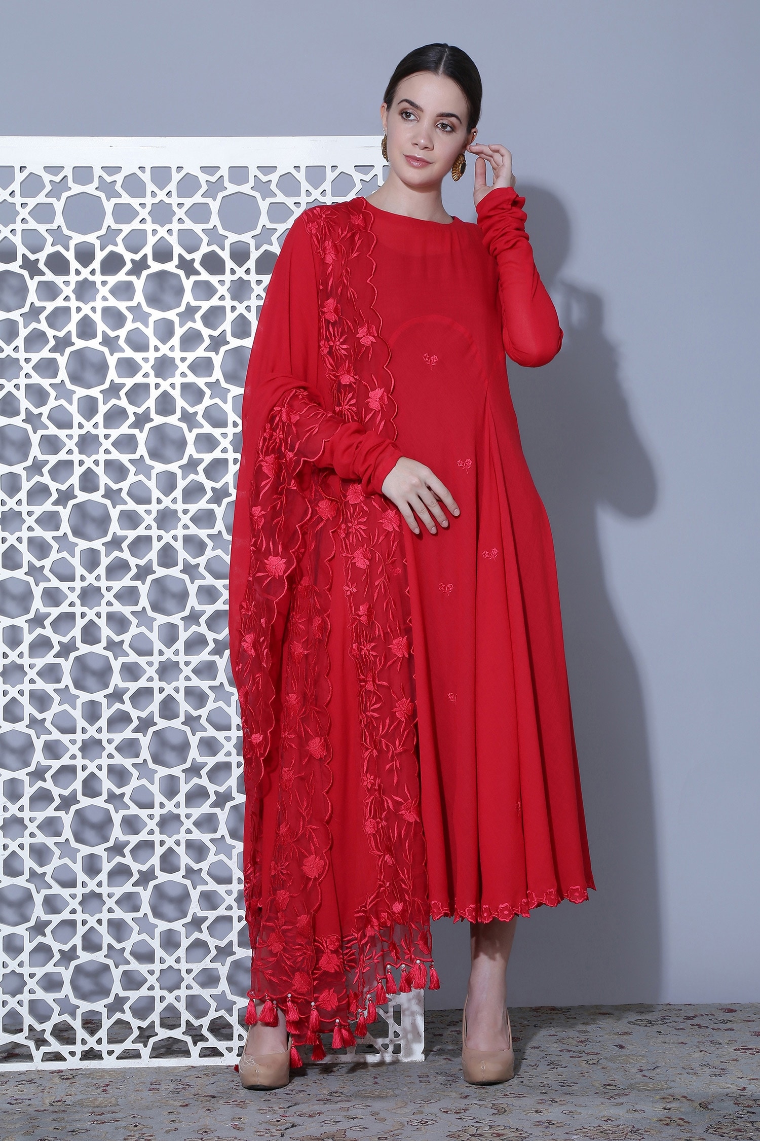 Buy Red Cotton Voile Embroidered Thread Work High Floral Anarkali Set ...