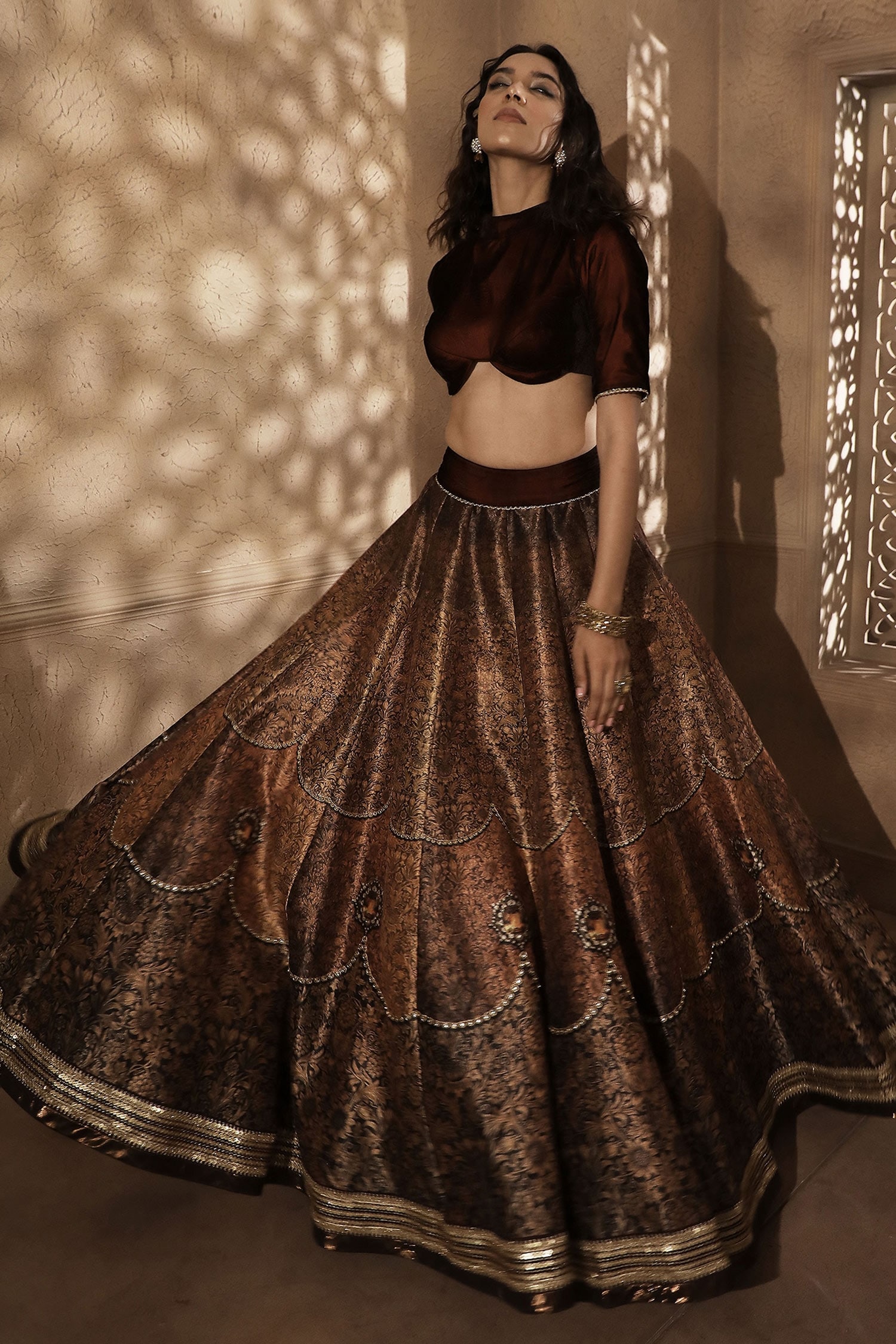 Buy Brown Dupion Printed Floral Round Lehenga Set For Women By Cedar