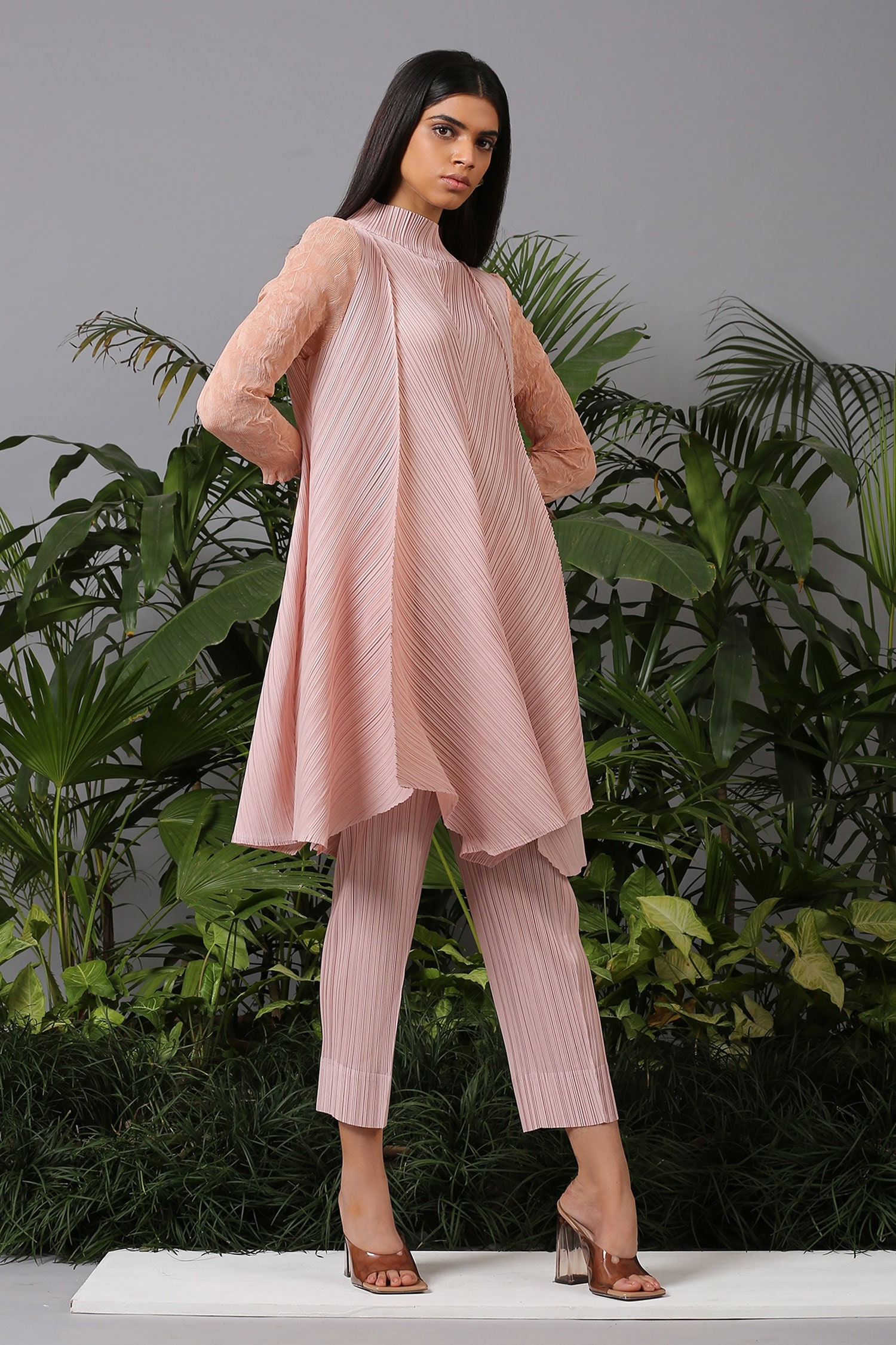 Buy Pink Polyester High Pleated Tunic And Pant Set For Women by Pleats ...