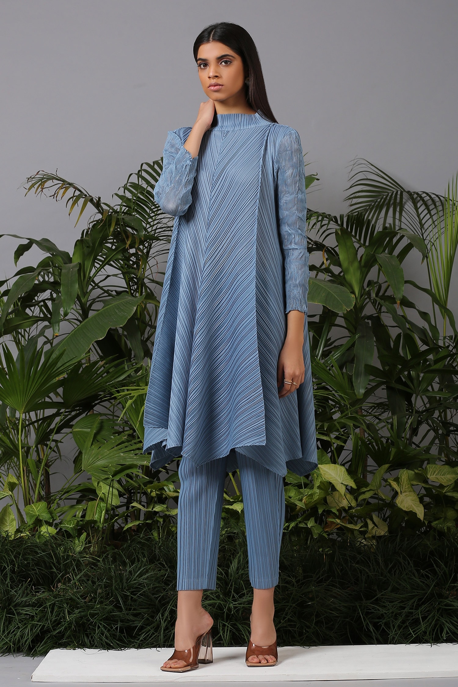 Buy Blue Polyester High Pleated Tunic And Pant Set For Women by Pleats ...