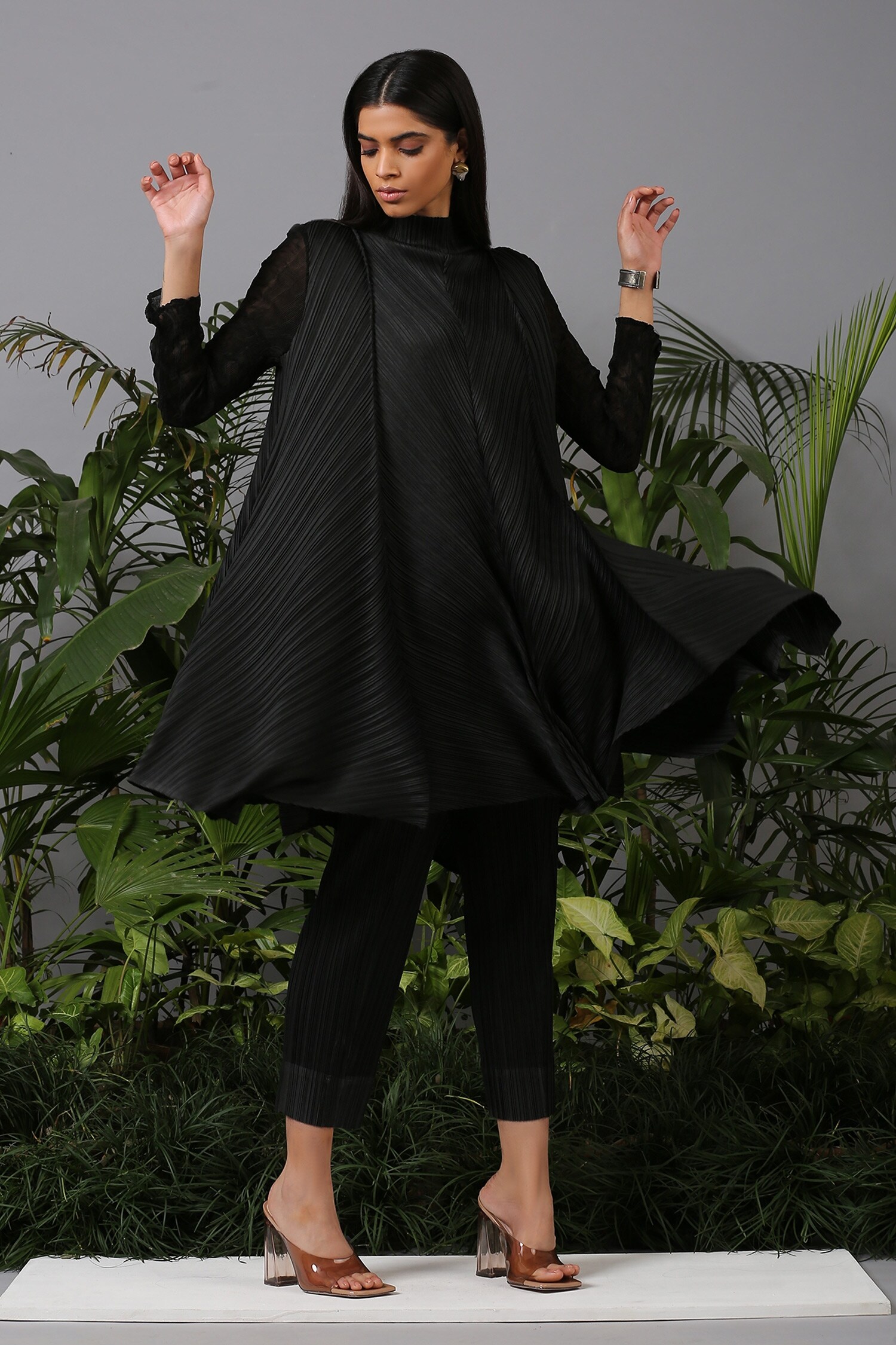 Buy Black Polyester High Pleated Tunic And Pant Set For Women by Pleats ...