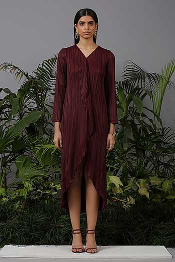 Buy Pleats By Aruni Maroon Polyester Pleated Overlap Style Dress Online ...