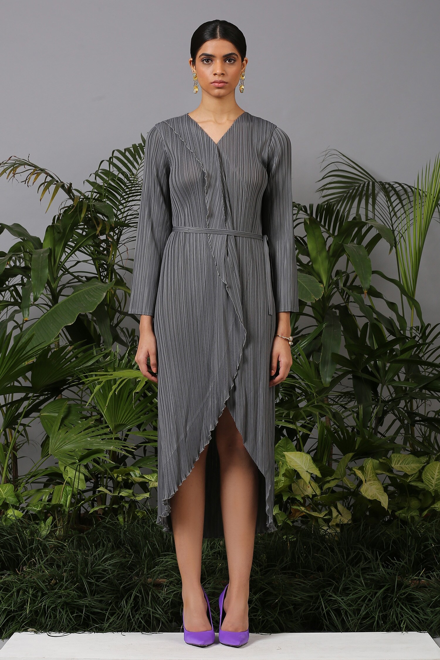 Buy Pleats By Aruni Grey Polyester Pleated Overlap Style Dress Online ...